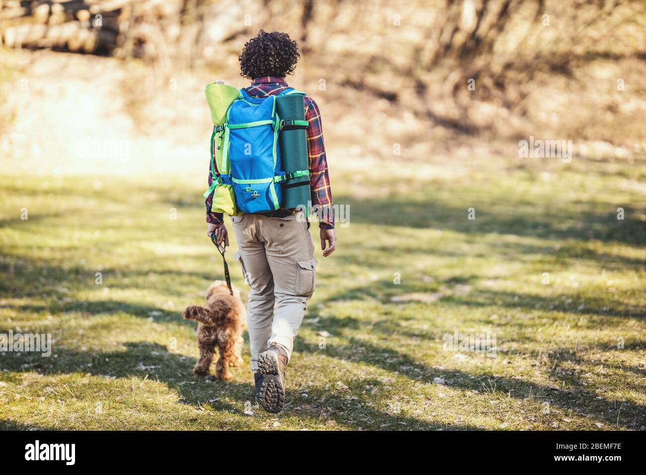 Happy smiling handsome man is walking with his dear cute dog enjoying ...