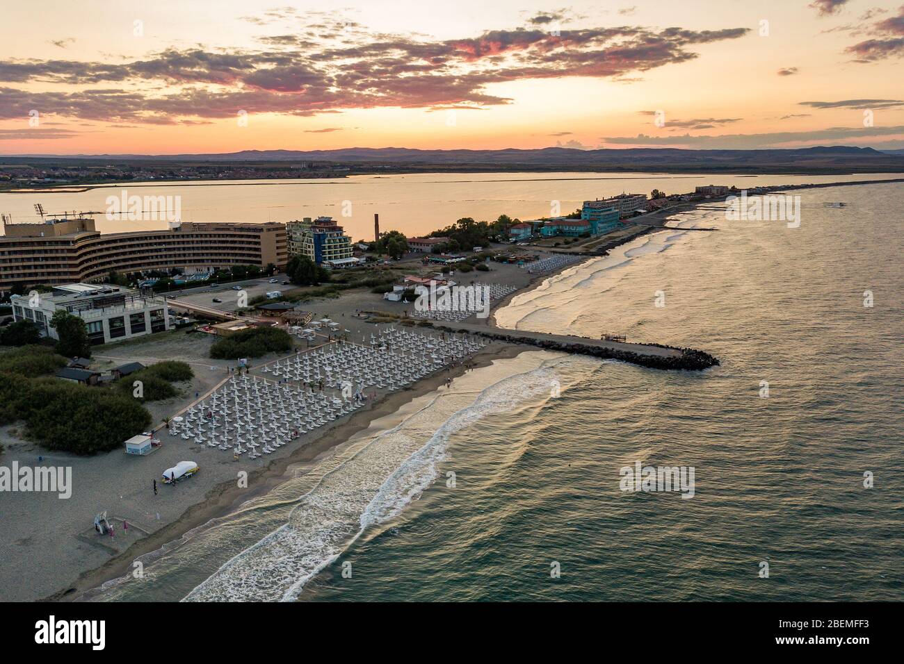 Aerial view of Pomorie city that is located on Black Sea shore. Top ...