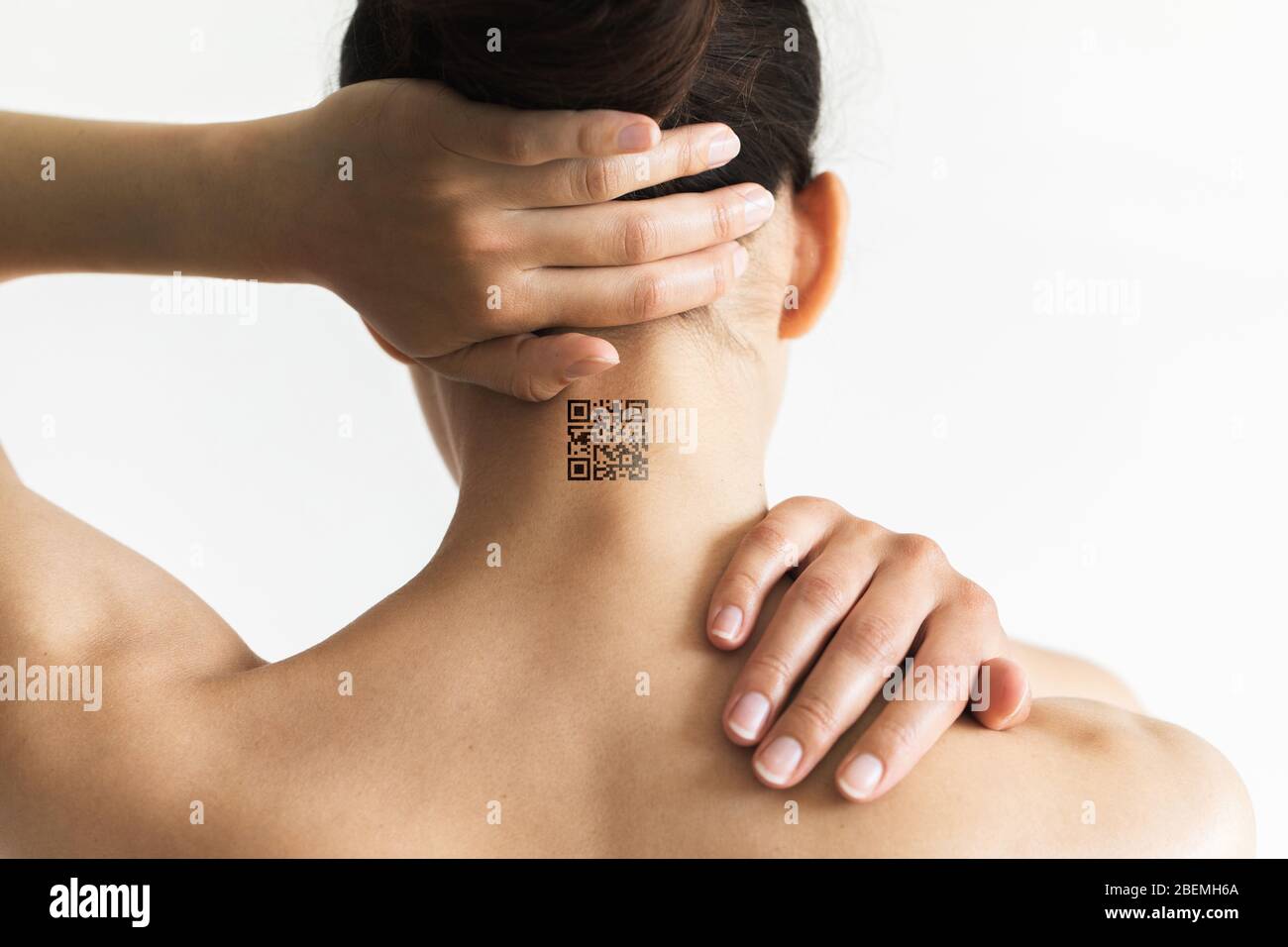 Person with QR code on neck. Future technology of chipization people ...