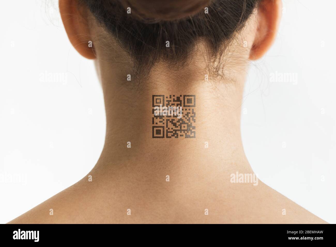 Person with QR code on neck. Future technology of chipization people ...