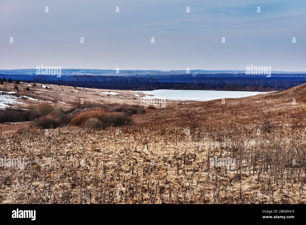 Spring landscape of Russian nature. Fields, forests, hills, plain, open ...