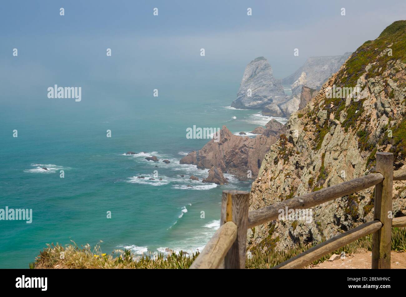 Portugal, Cabo da Roca, The Western Cape Roca of Europe, wooden railing ...