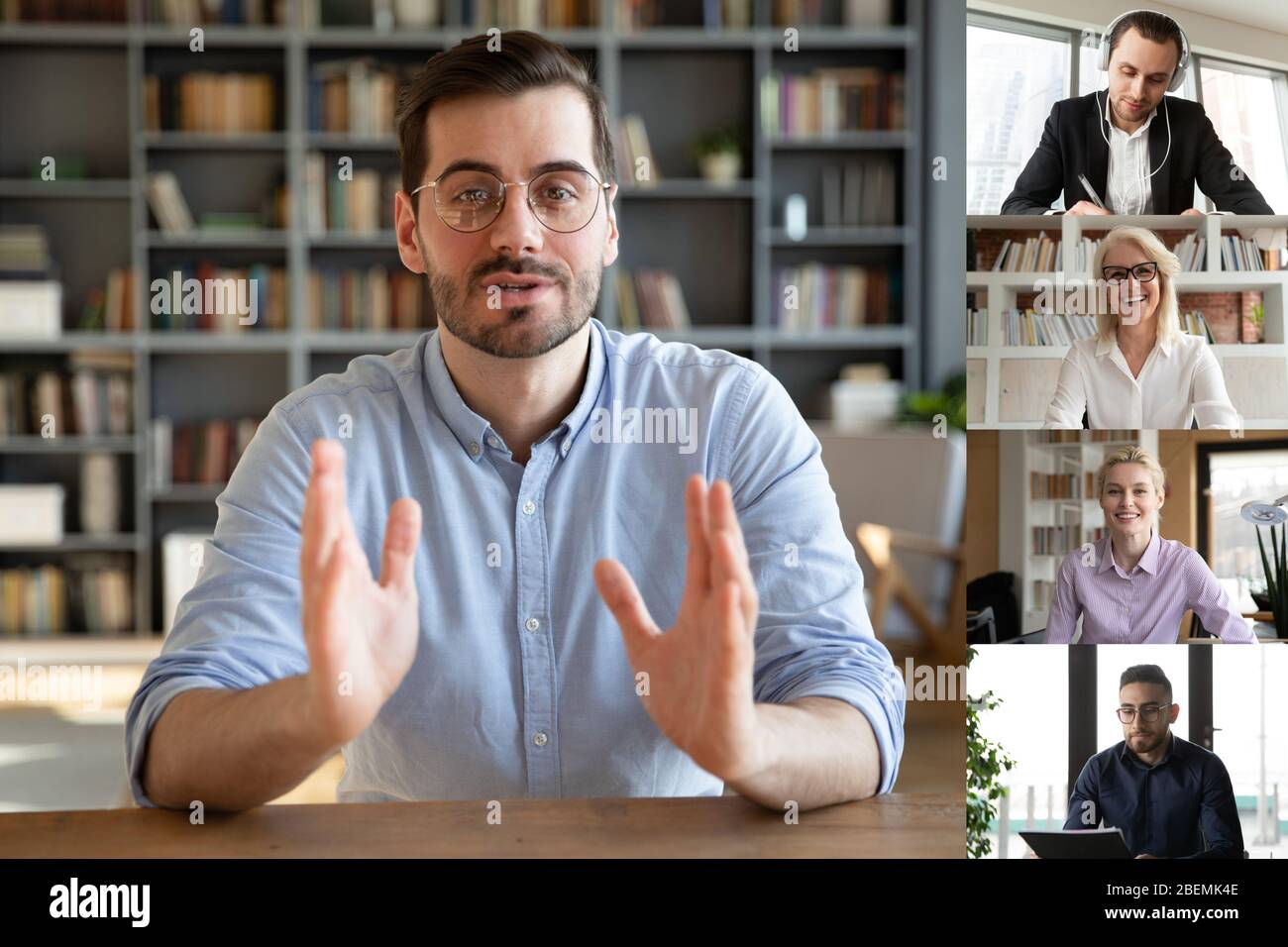 Team leader lead group videoconference meeting with diverse colleagues ...