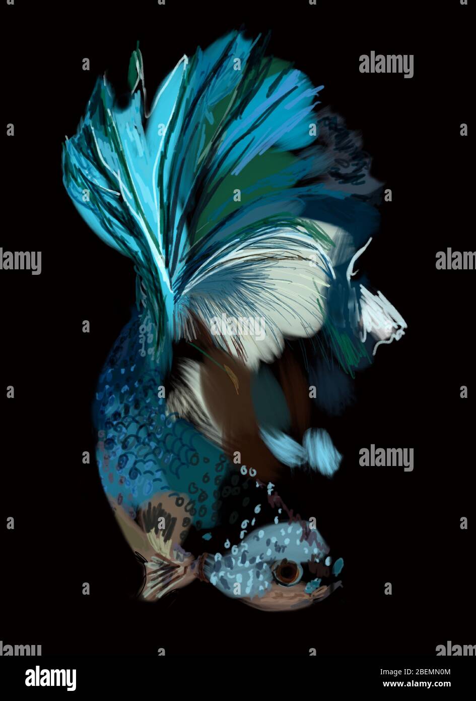 An artistic stylised image of a fish with blue overtones and bubbles ...
