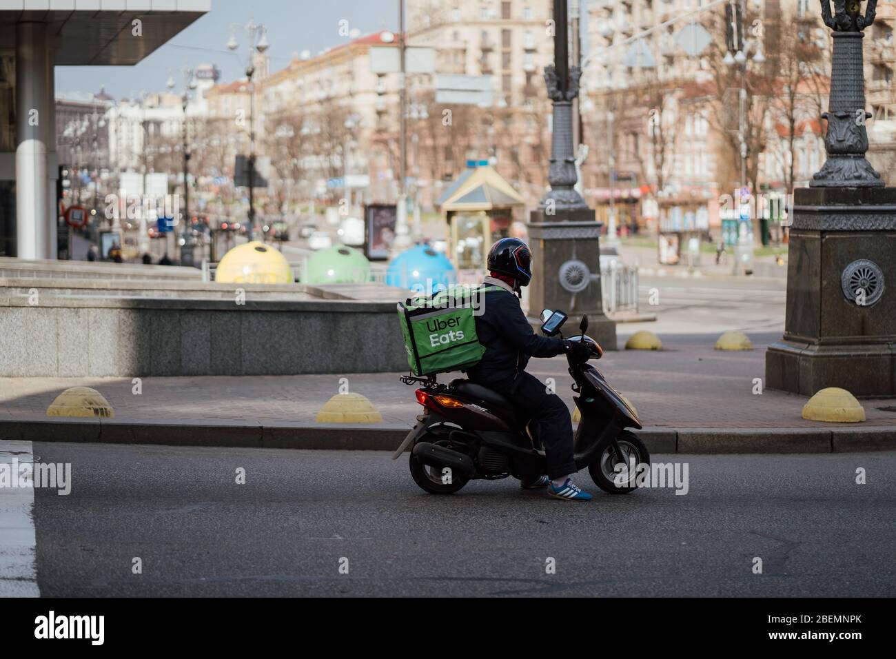 Kiev, Ukraine, March 28, 2020, Uber eats home delivery food by scooter ...