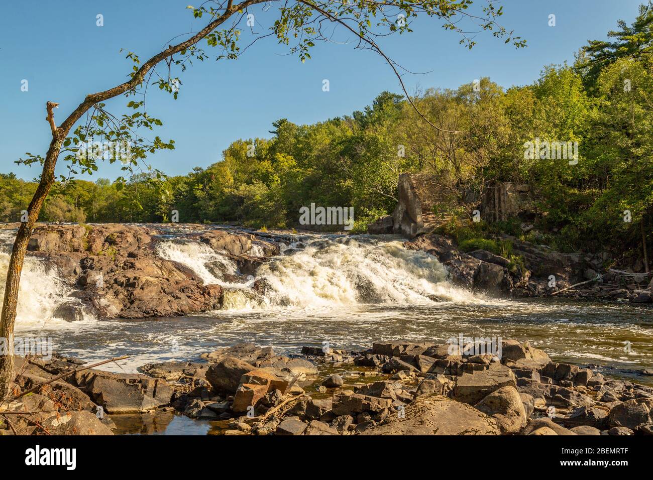 River falls with small tree and rocks in the foreground on a bright ...