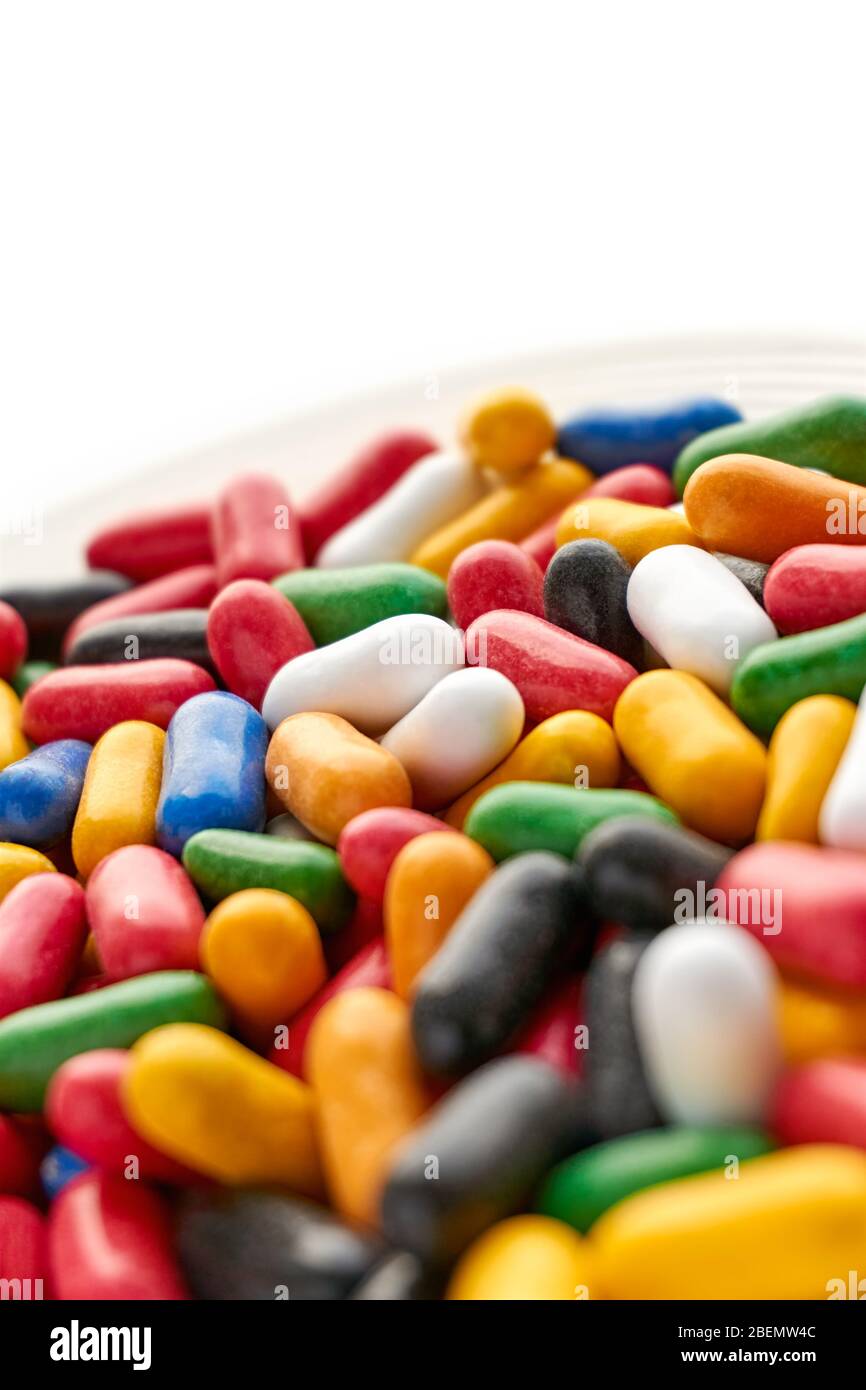Closeup of colorful hard shiny sweet candy in blue, red, yellow, green ...