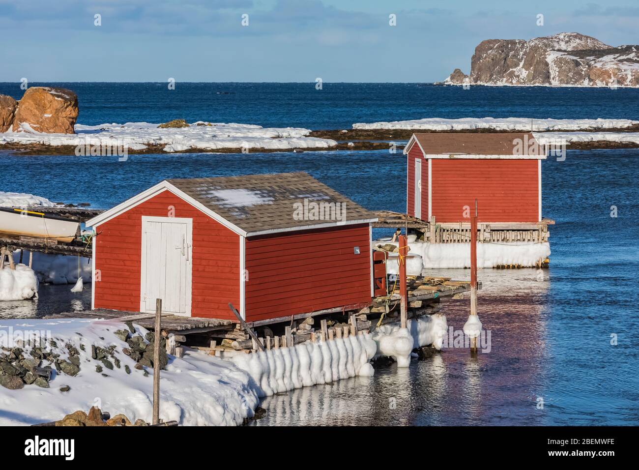 Fishing stages along the scenic waterfront in Durrell, near Twillingate ...