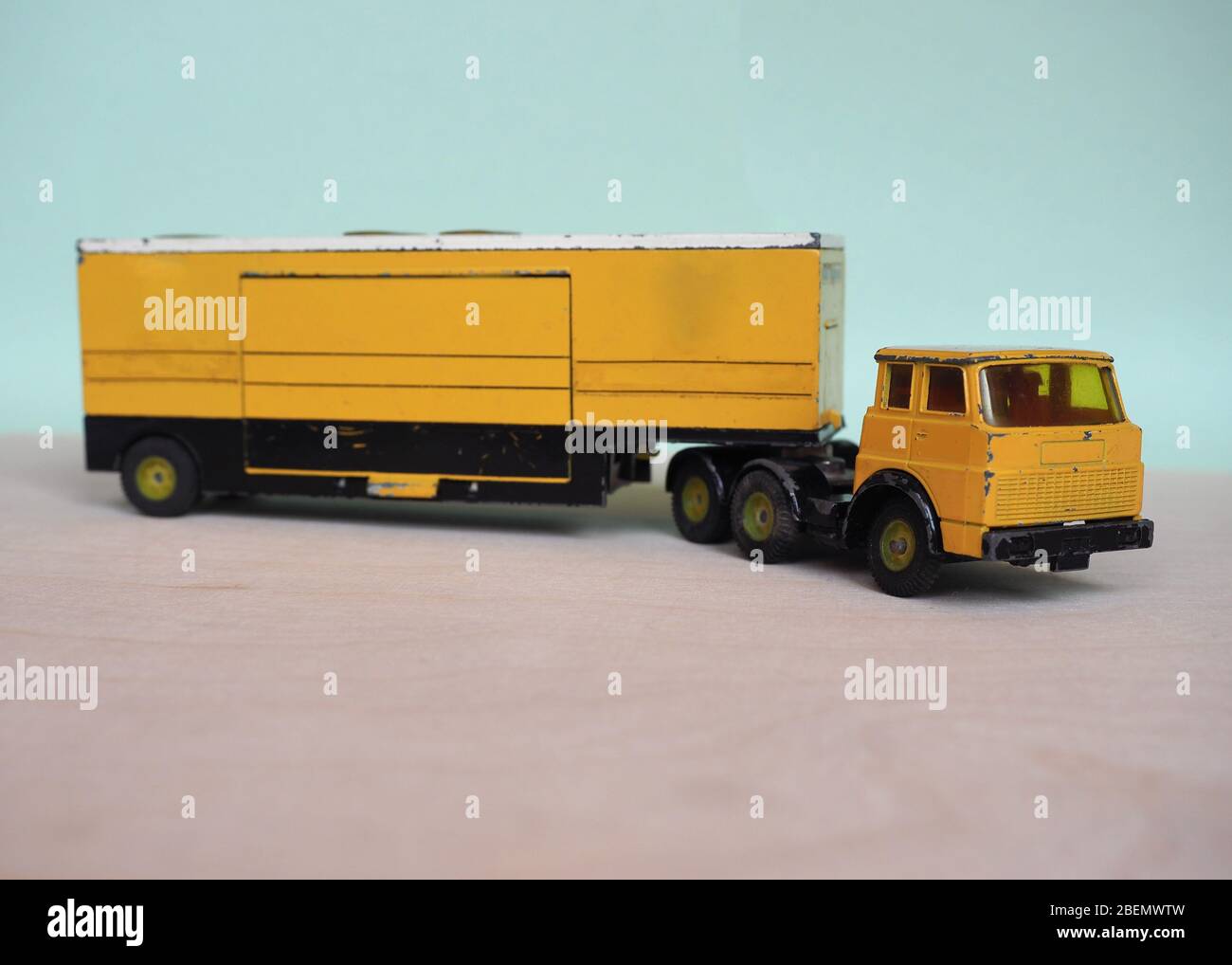 Vintage scale model yellow lorry with selective focus. Articulated ...