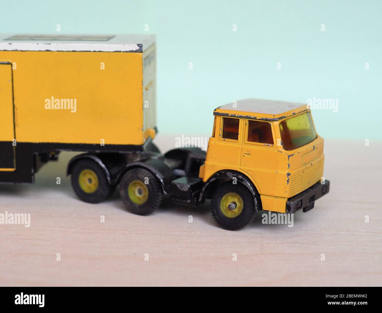 Vintage scale model yellow lorry with selective focus. Articulated ...