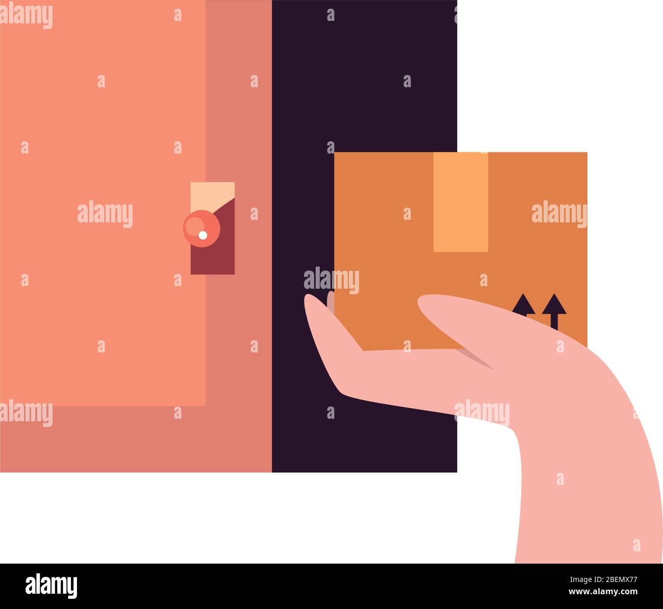 hand holding a box and door icon over white background, flat style ...