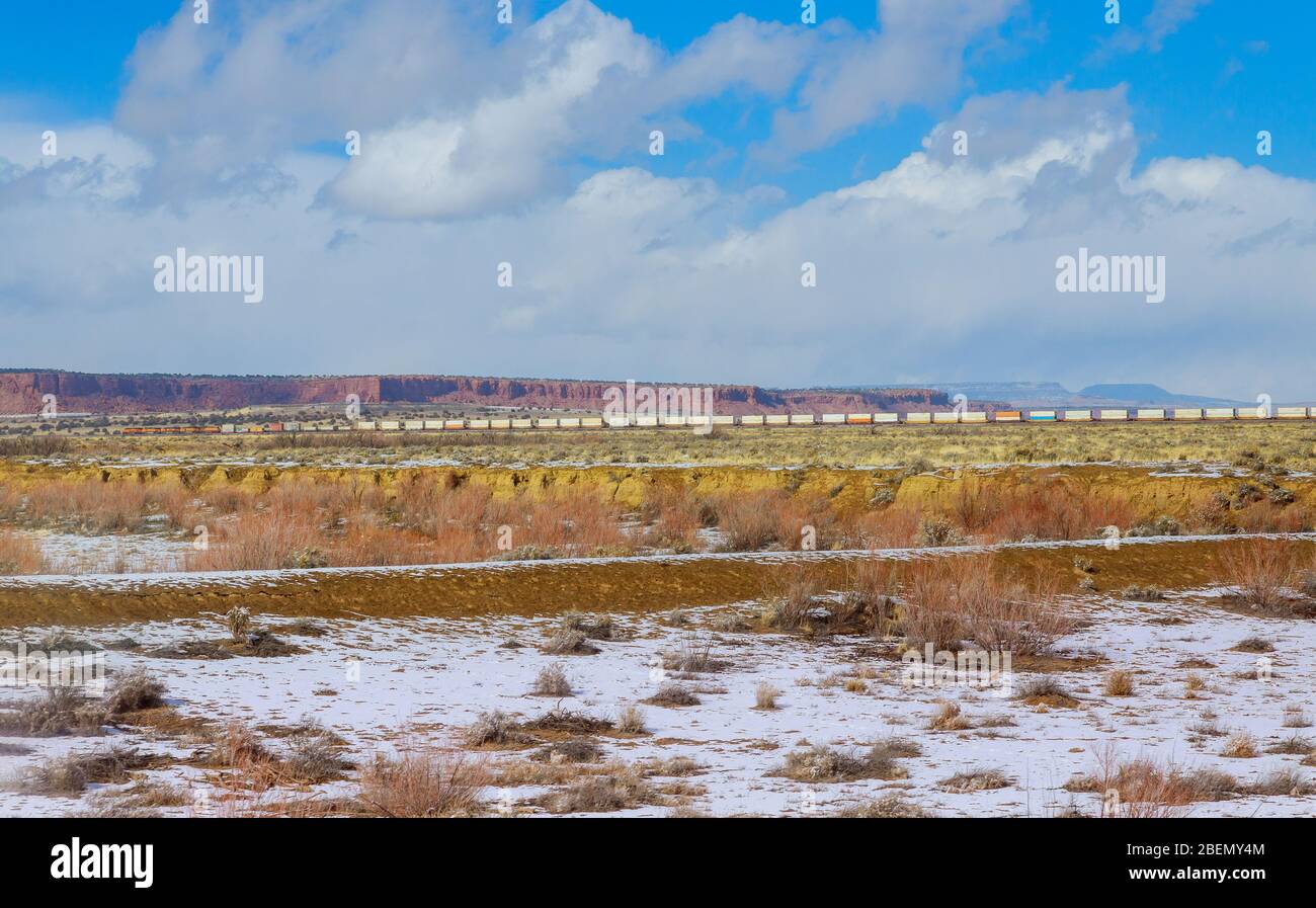 Container freight train crossing across the Diablo Canyon in the middle ...
