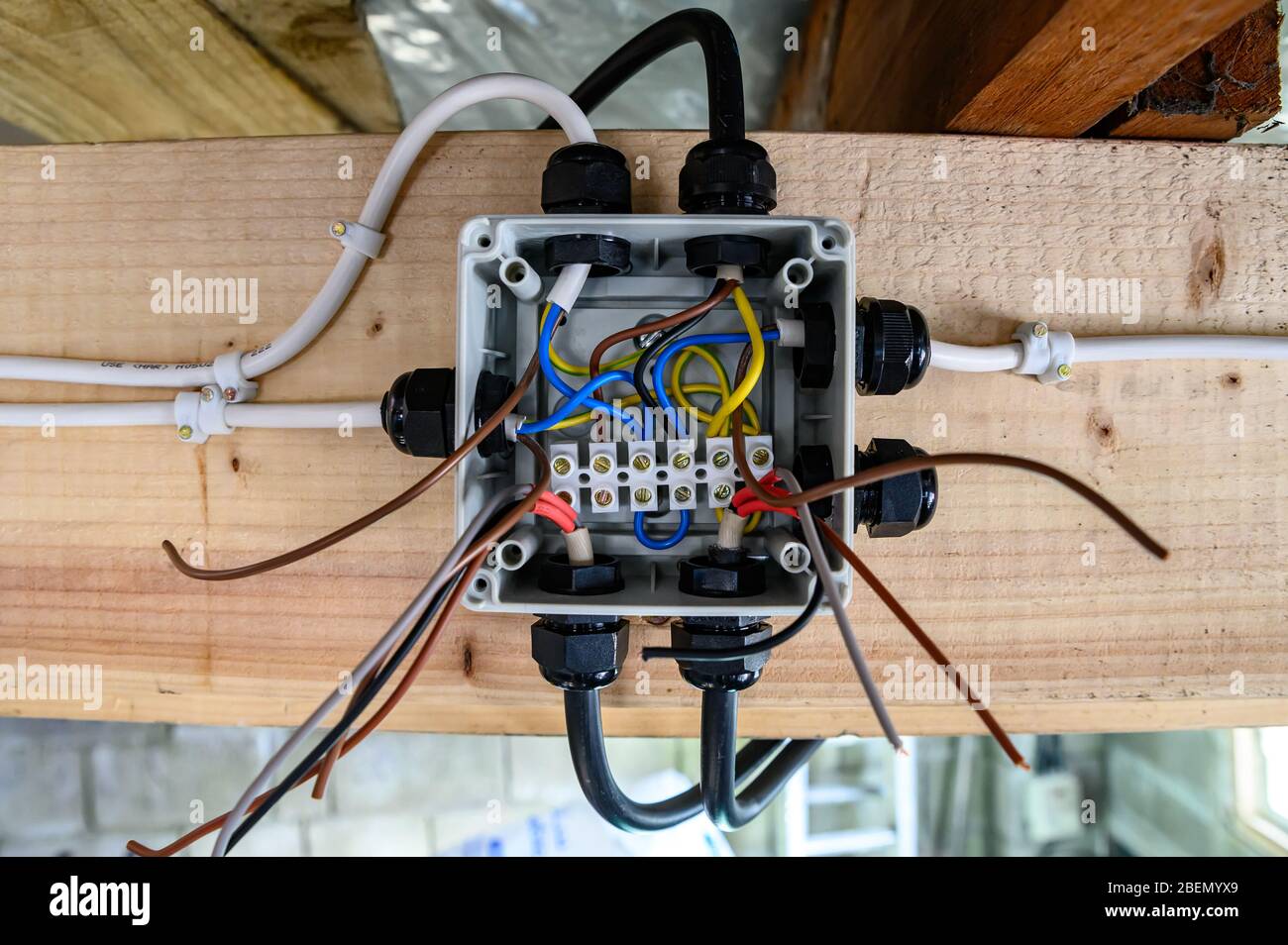 Exposed Wiring junction box half complete ready for operation in home ...