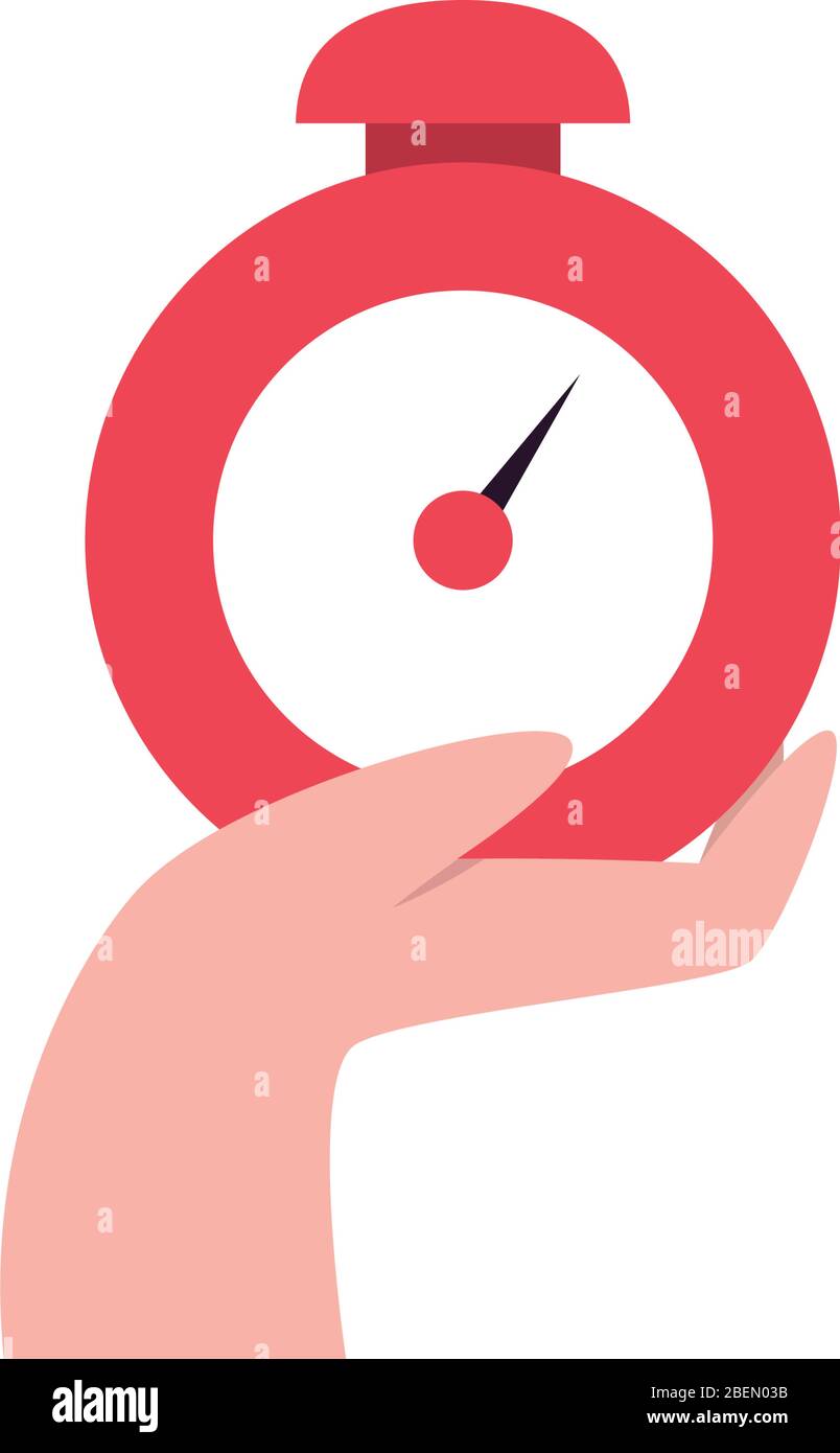 fast delivery concept, hand holding a clock icon over white background ...