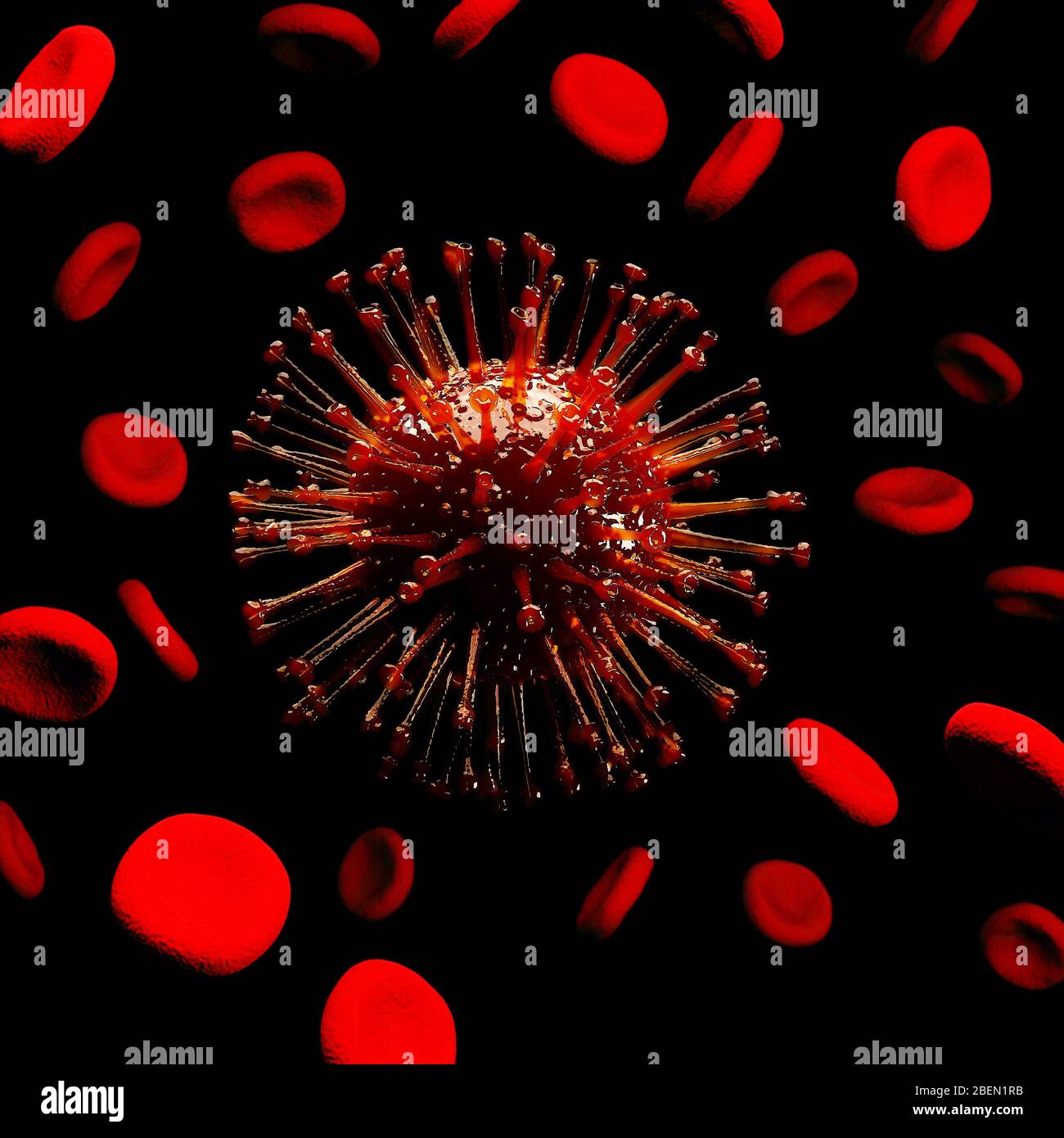 Red coronavirus covid 19 and blood cells on a black background. 3D ...