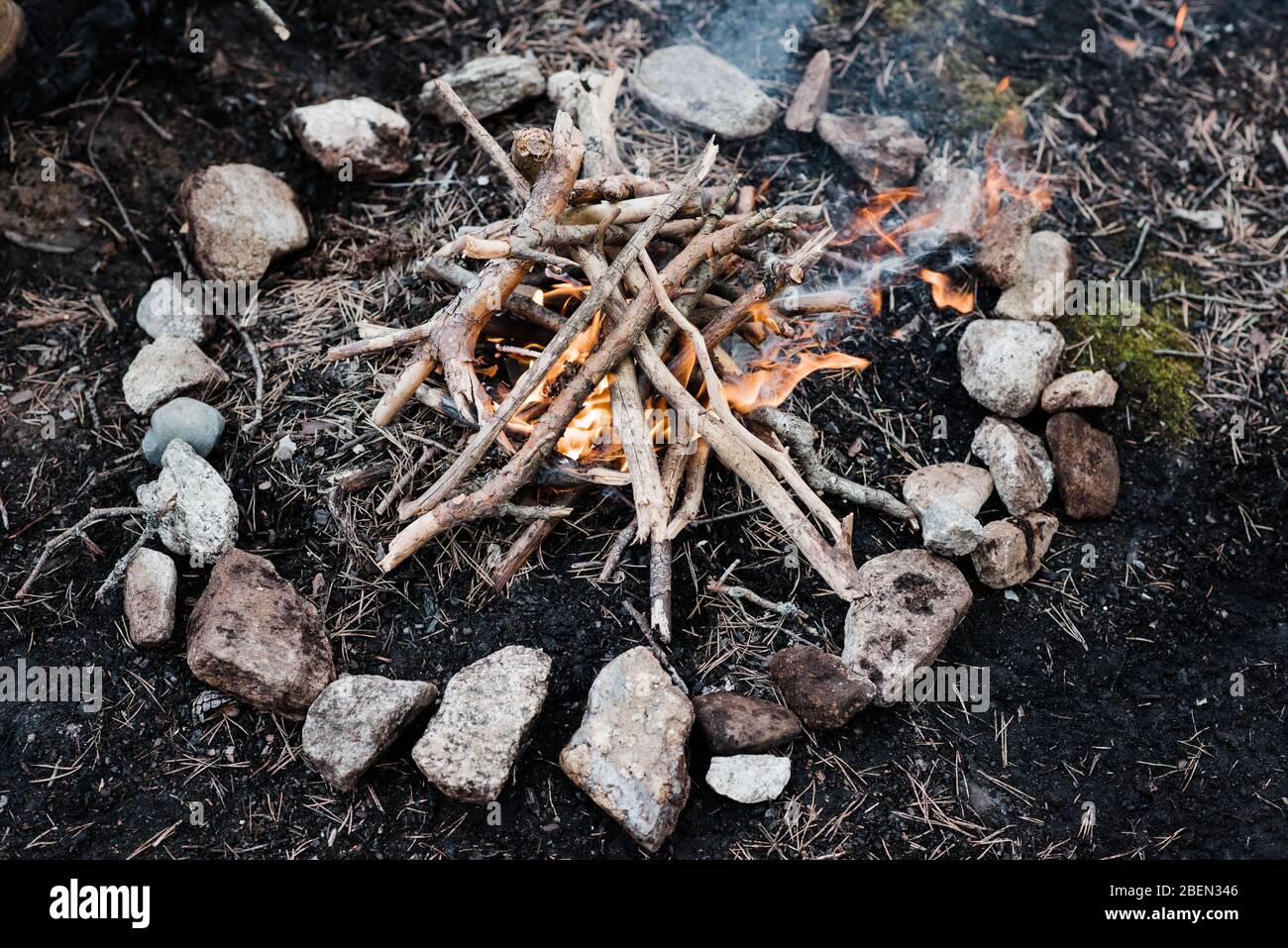 A hand made campfire on the ground in a national park in Sweden Stock ...