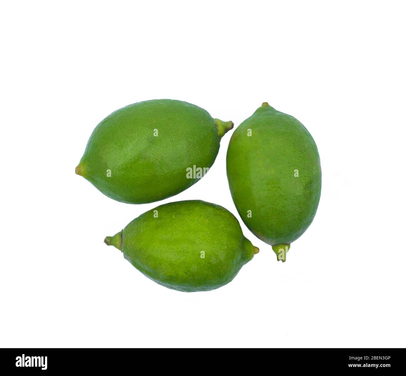 Three green colored fresh and tasty lemon isolated on an empty white ...