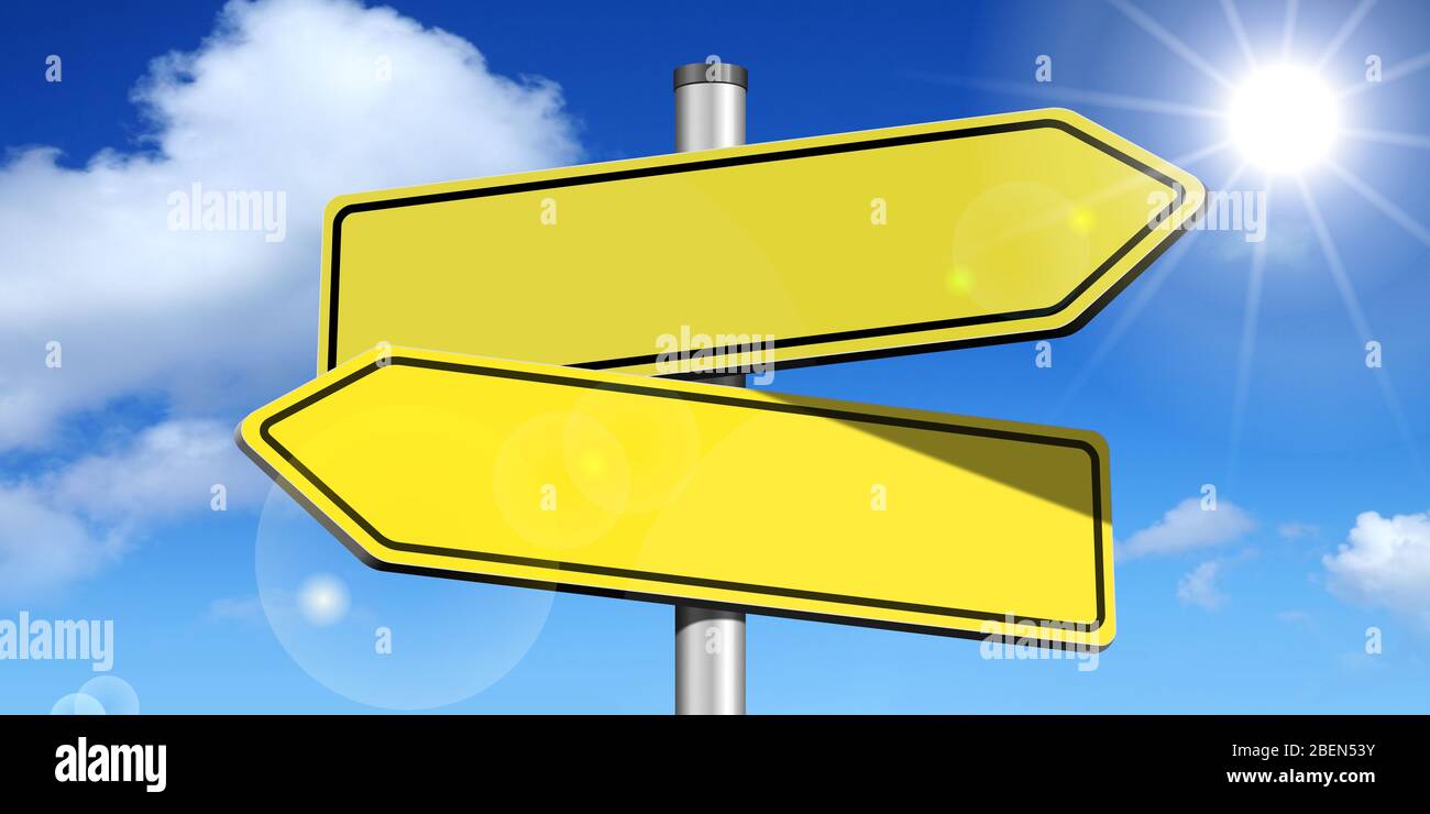 Metal yellow signpost with two arrows, sky Stock Photo - Alamy