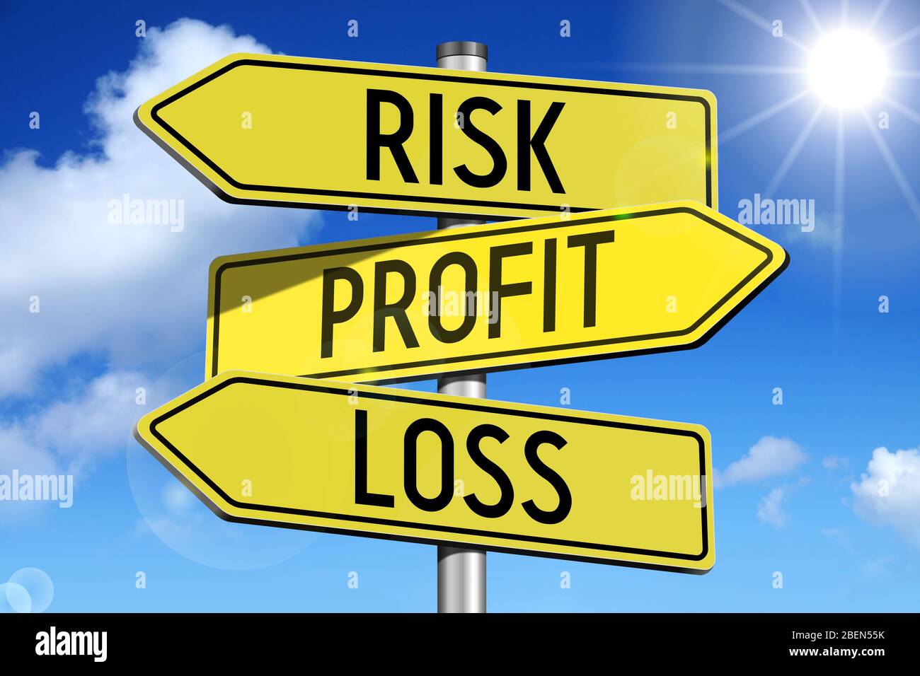 Profit, risk, loss - yellow roadsign Stock Photo - Alamy