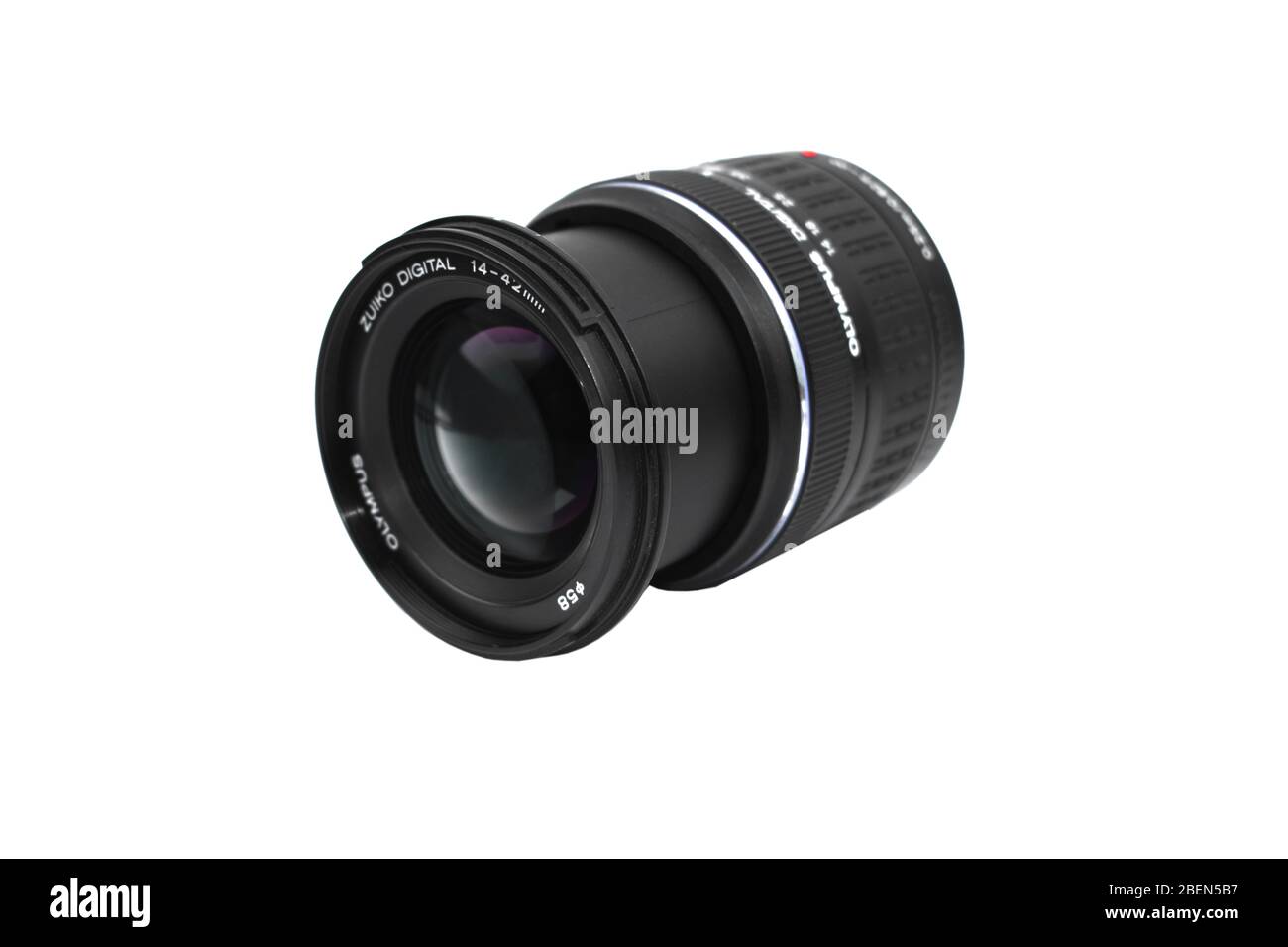 Single camera lens of black color placed on an isolated empty white ...