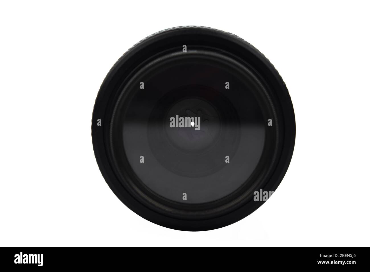 A black color camera lens of a digital camera placed over an isolated ...