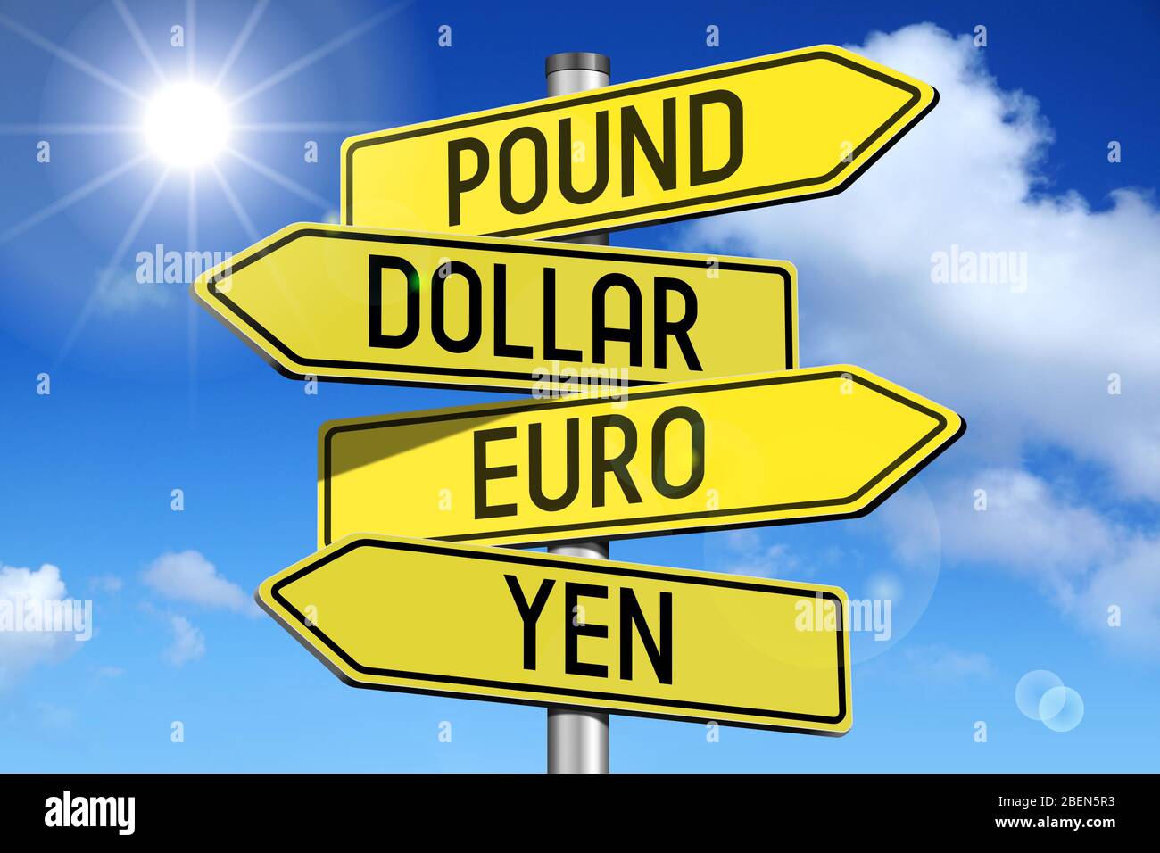 Currencies concept - yellow road-sign Stock Photo - Alamy
