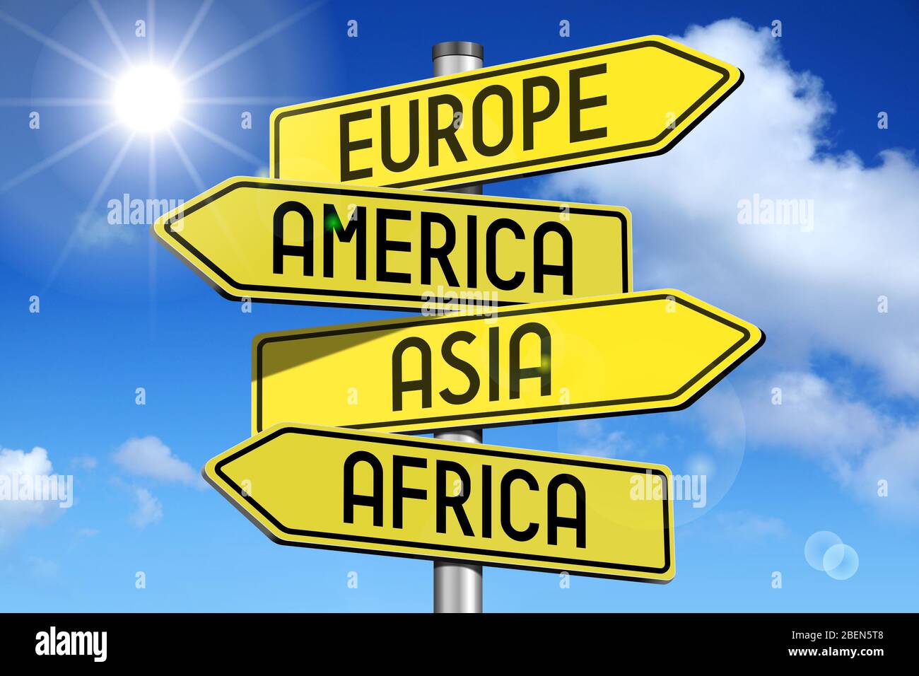Continents - yellow road-sign Stock Photo - Alamy