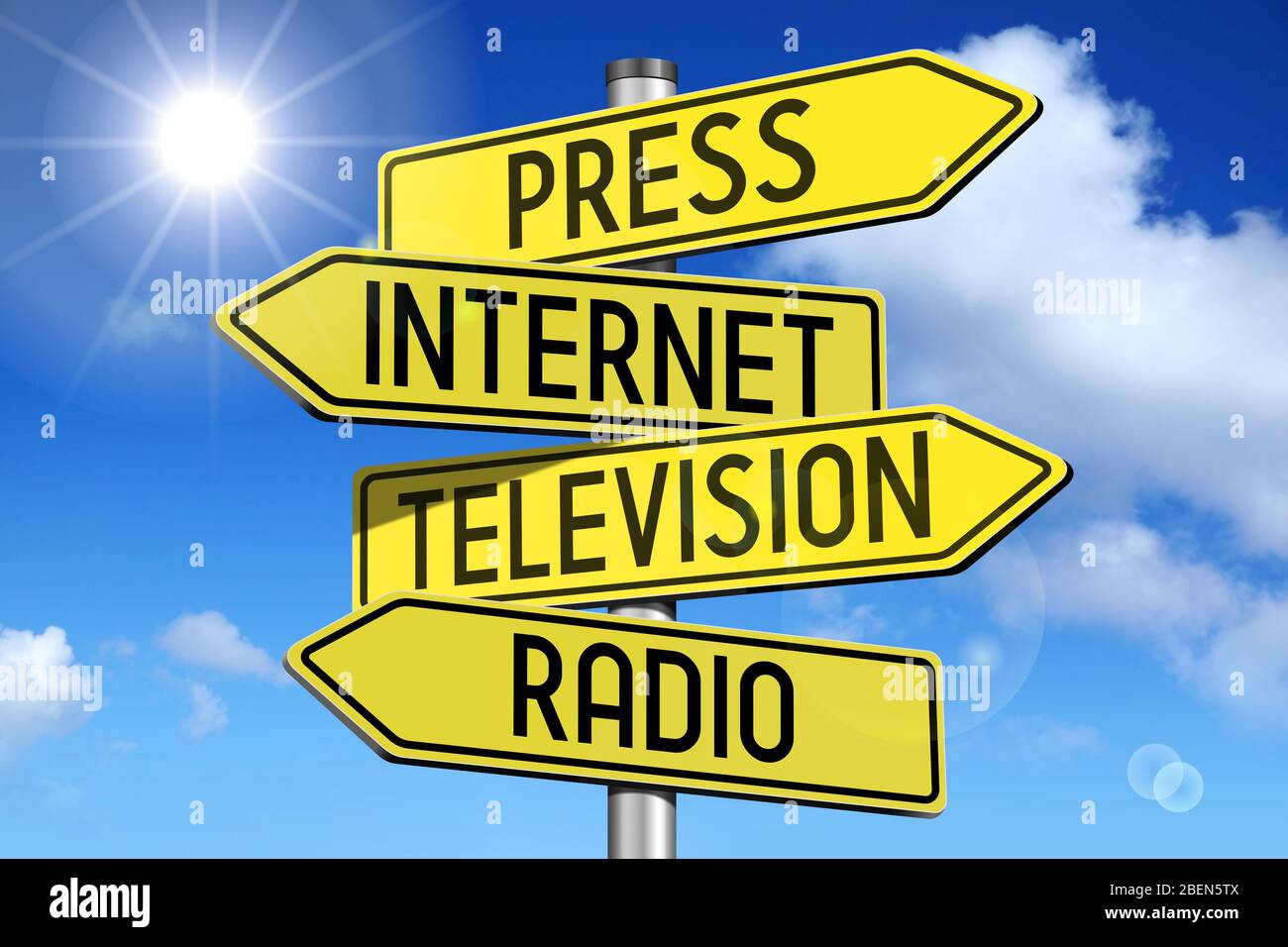 Media concept - yellow road-sign Stock Photo - Alamy