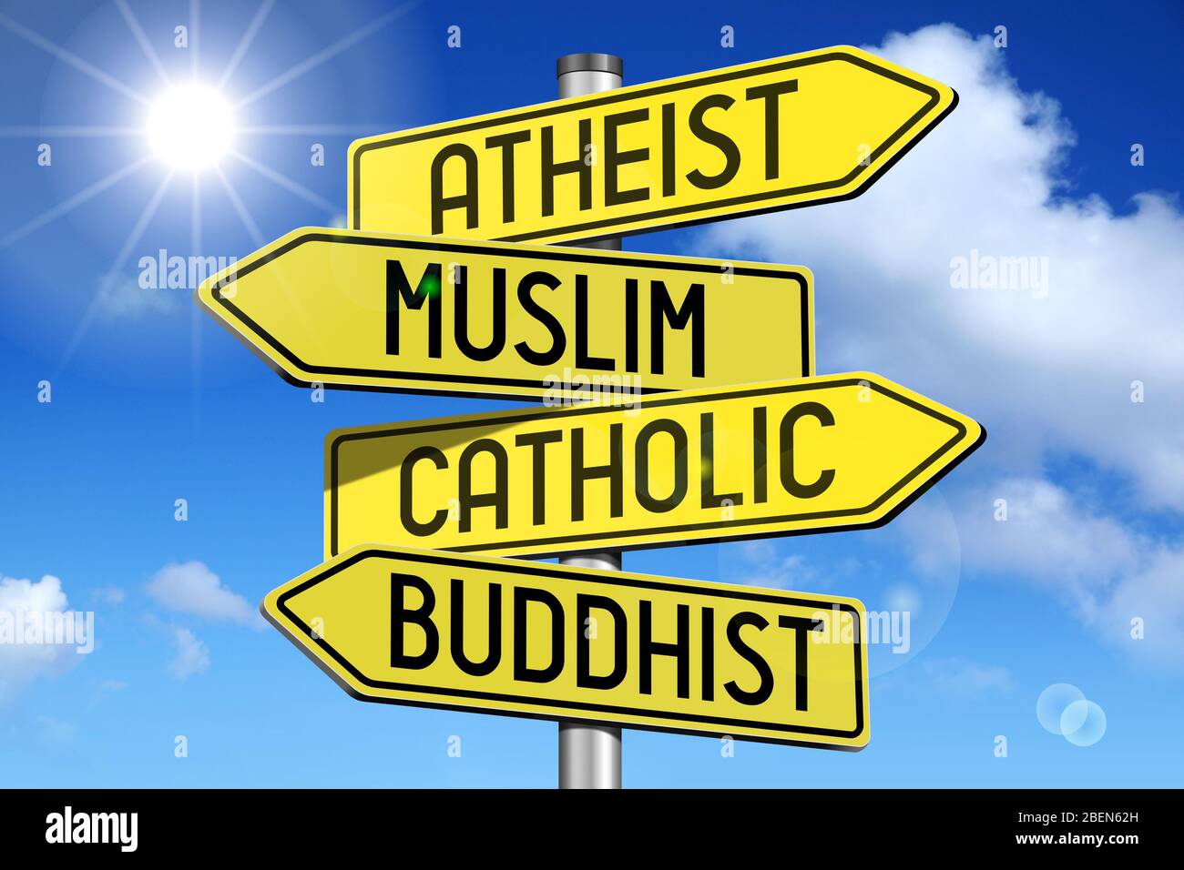 Religion concept - yellow road-sign Stock Photo - Alamy