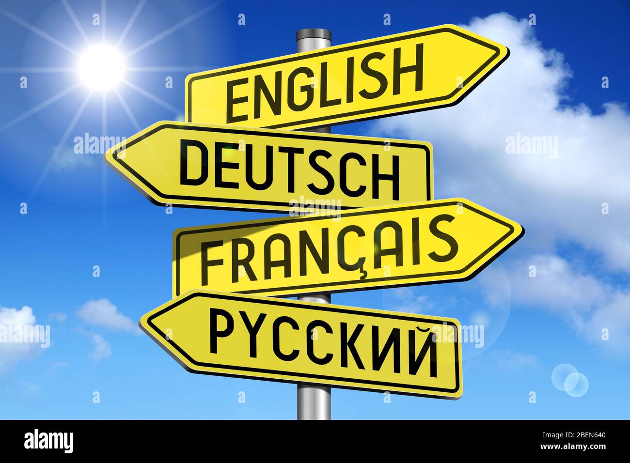 Languages concept - yellow road-sign Stock Photo - Alamy