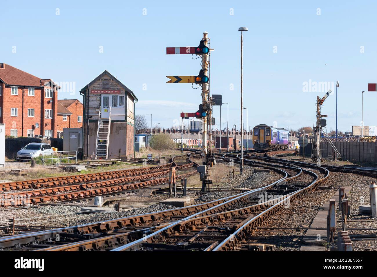 Northern rail class 156 sprinter train passing Blackpool North number 2 ...