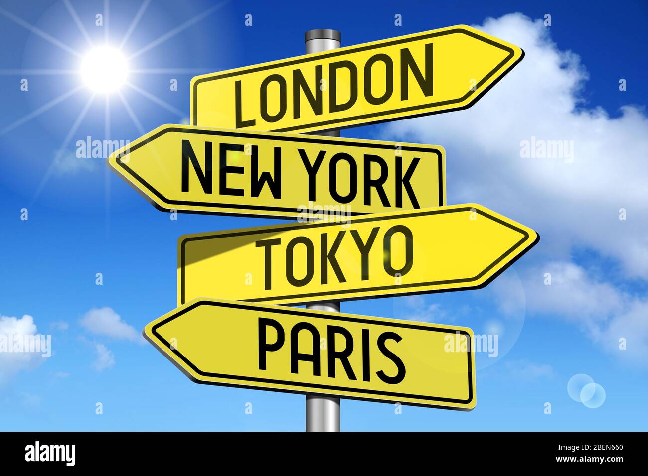 Capital cities - yellow road-sign Stock Photo - Alamy