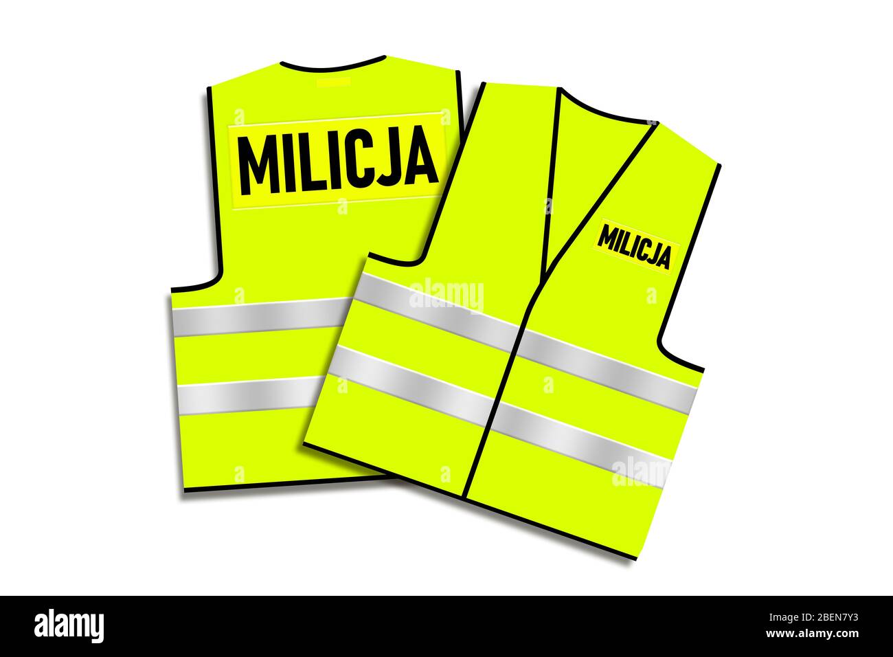 Bright green – yellow Polish traffic Milicja vest on a white isolated ...