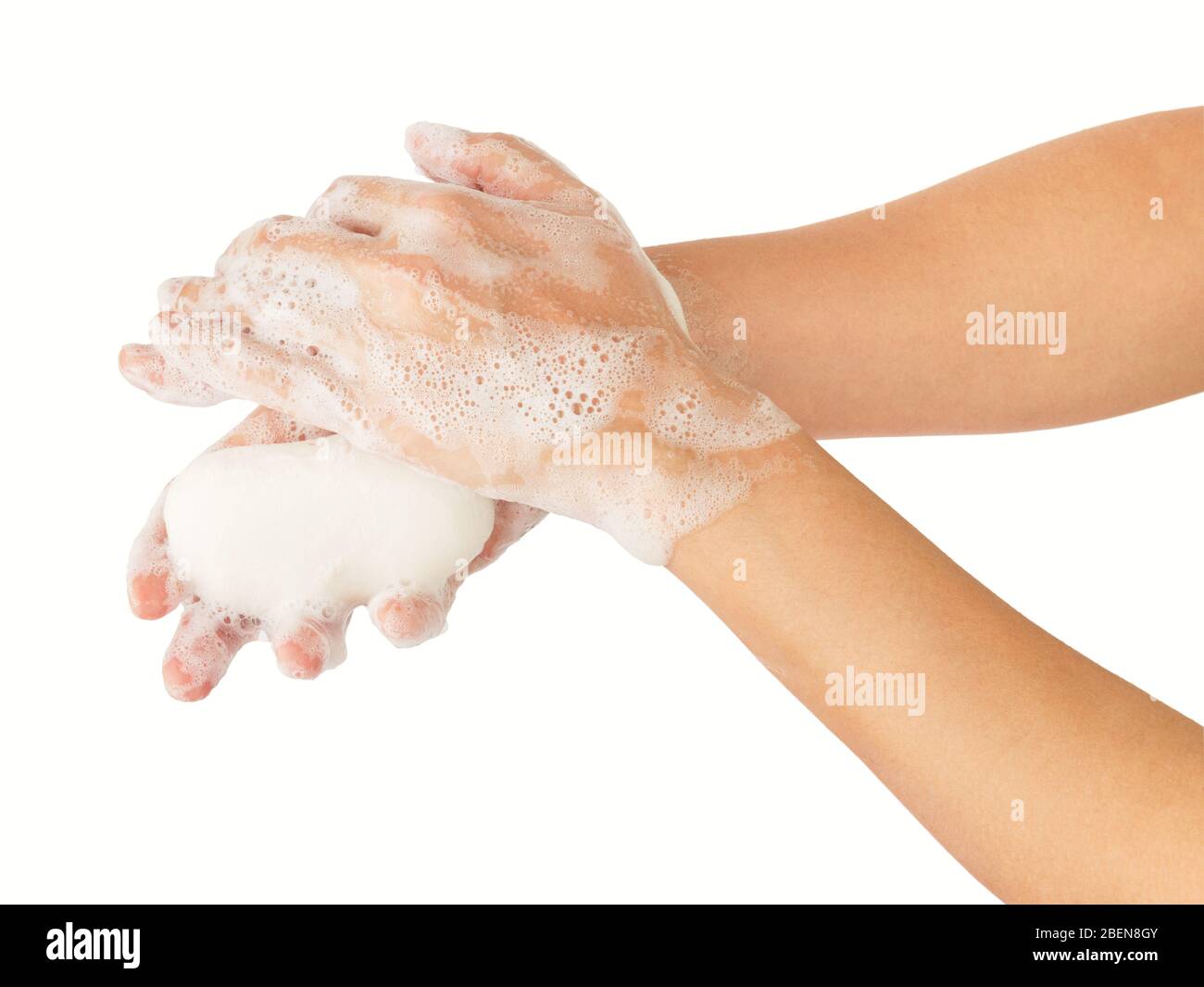 Hands with soap and foam during washing isolated on white background ...