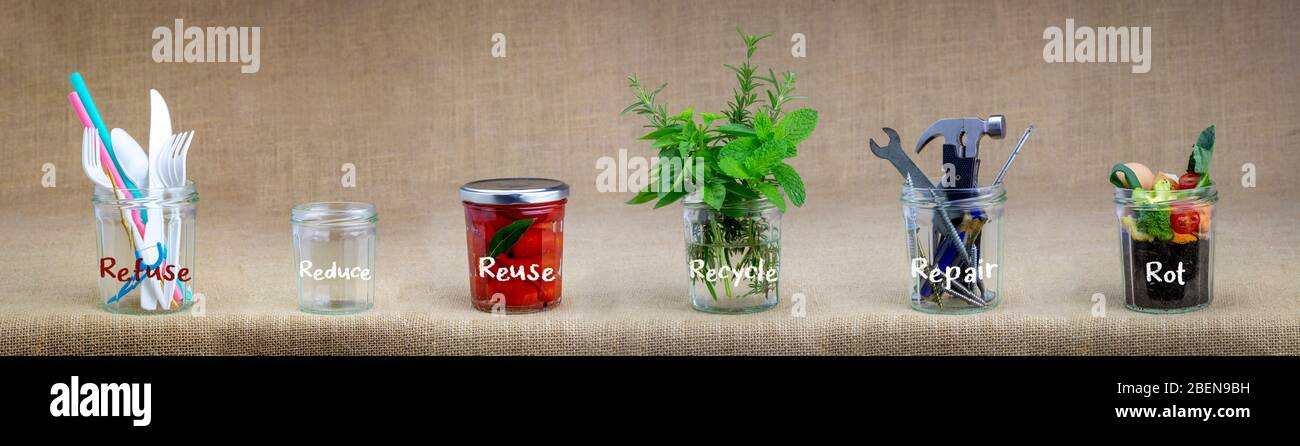 Zero Waste management, illustrated in 6 jars with text Refuse, reduce ...