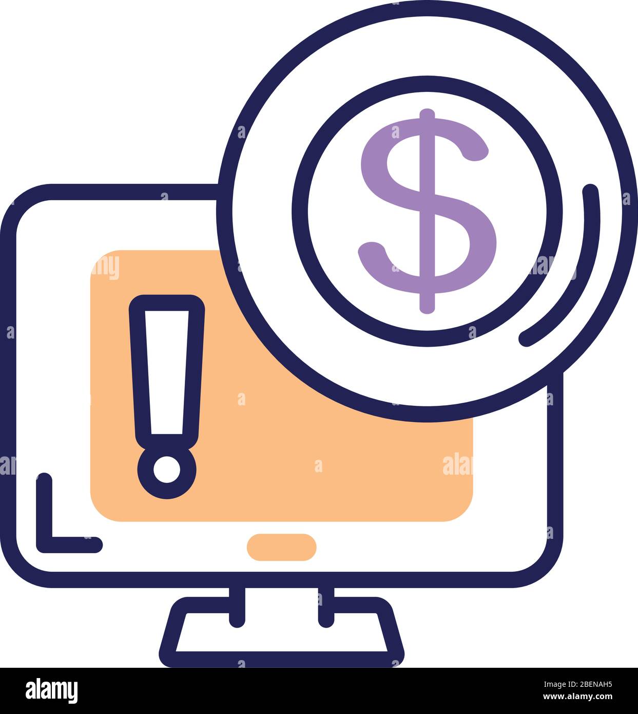 banking online concept, computer with exclamation mark and money coin ...