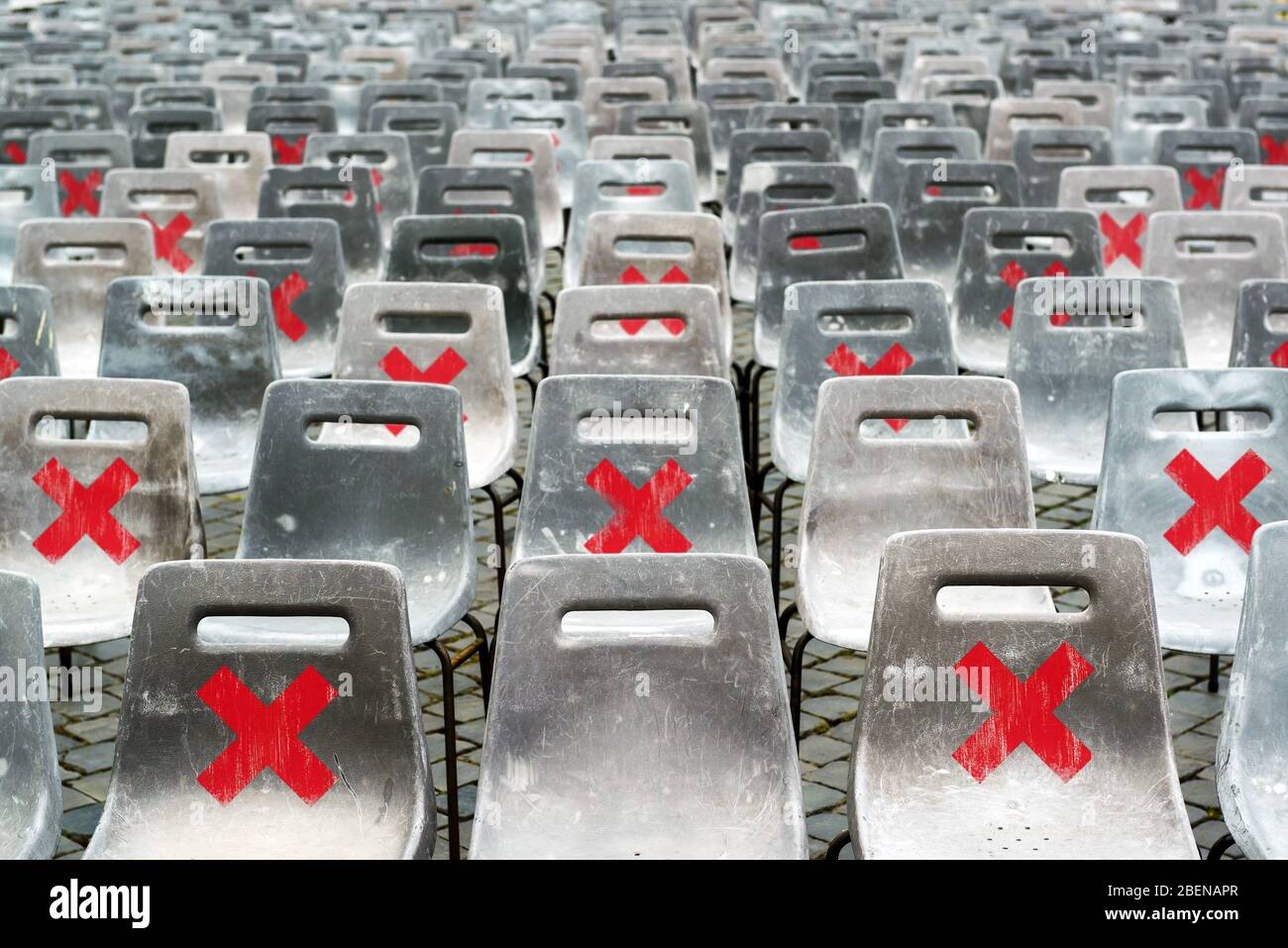 Social distancing concept, warning signs on seats due to coronavirus ...