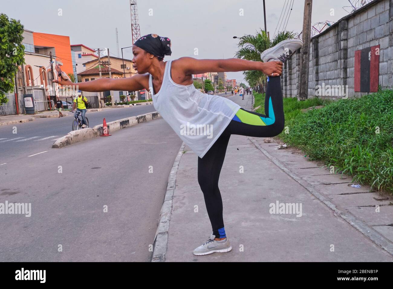A lady works out on a street during lockdown in Lagos, Nigeria Stock ...