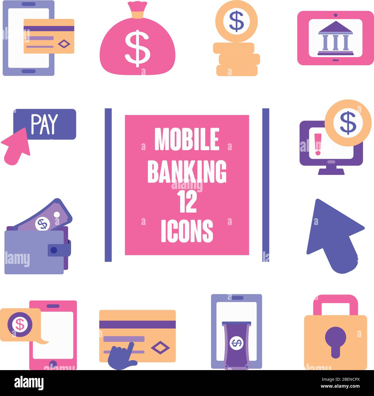 technology devices and mobile banking icon set over white background ...
