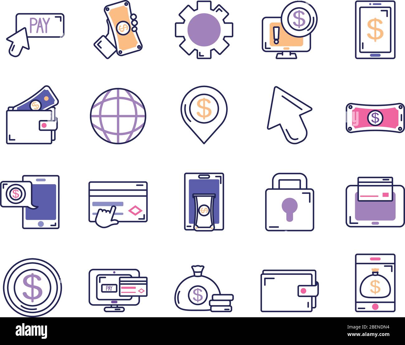 smartphones and mobile banking icon set over white background, line ...
