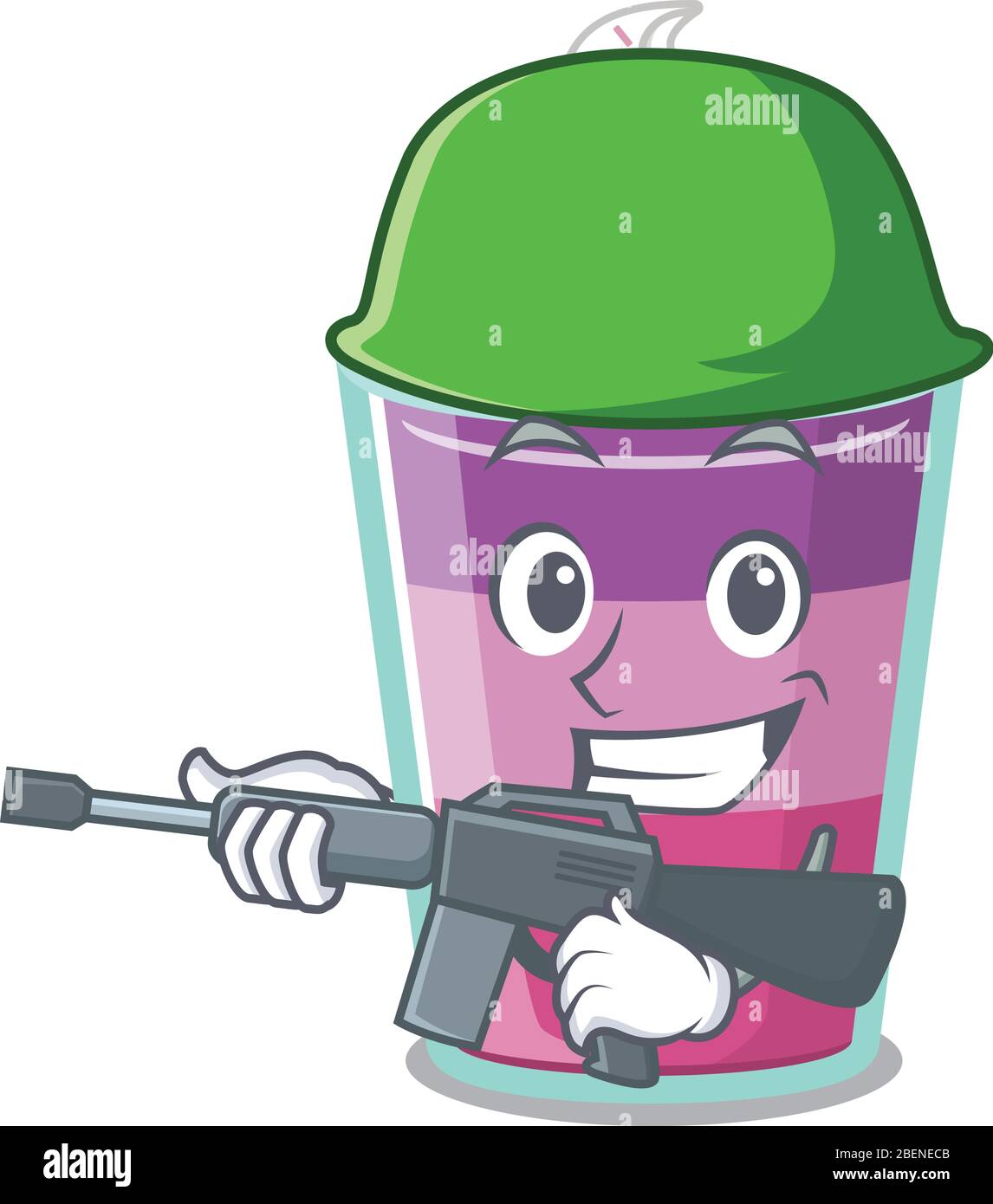 A cartoon picture of cocktail jelly in Army style with machine gun ...
