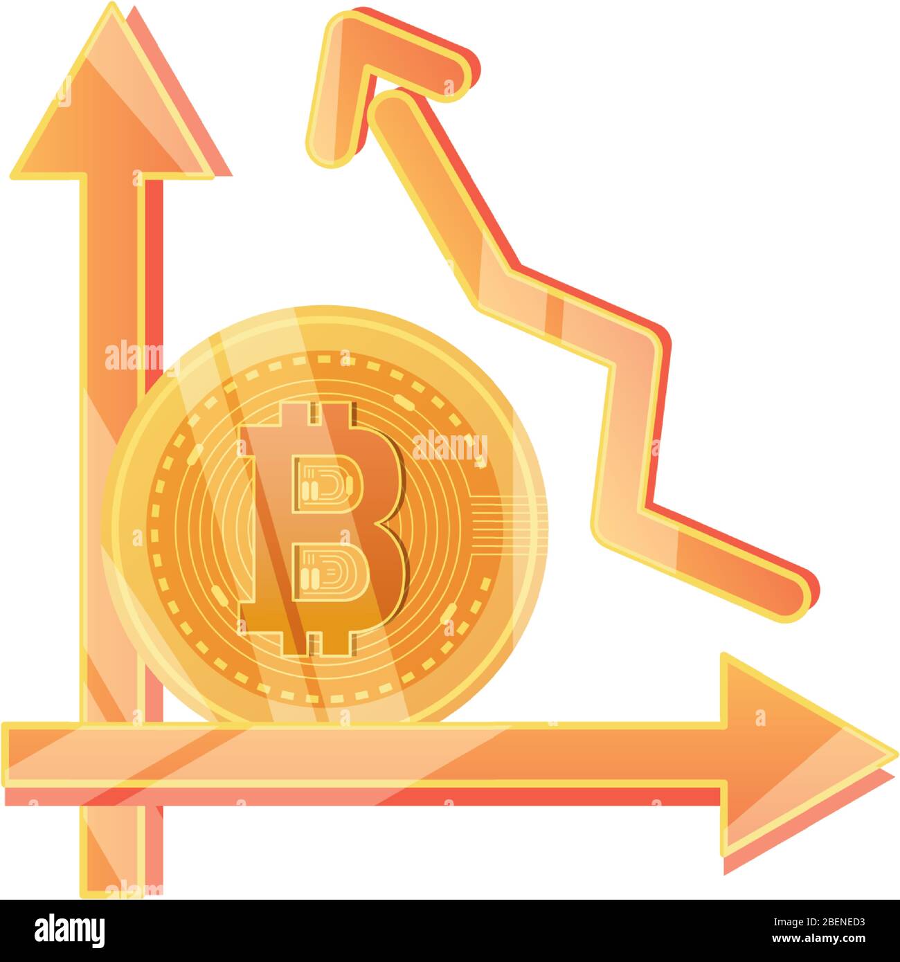 chart with bitcoin cryptocoin and ascending financial arrow over white ...