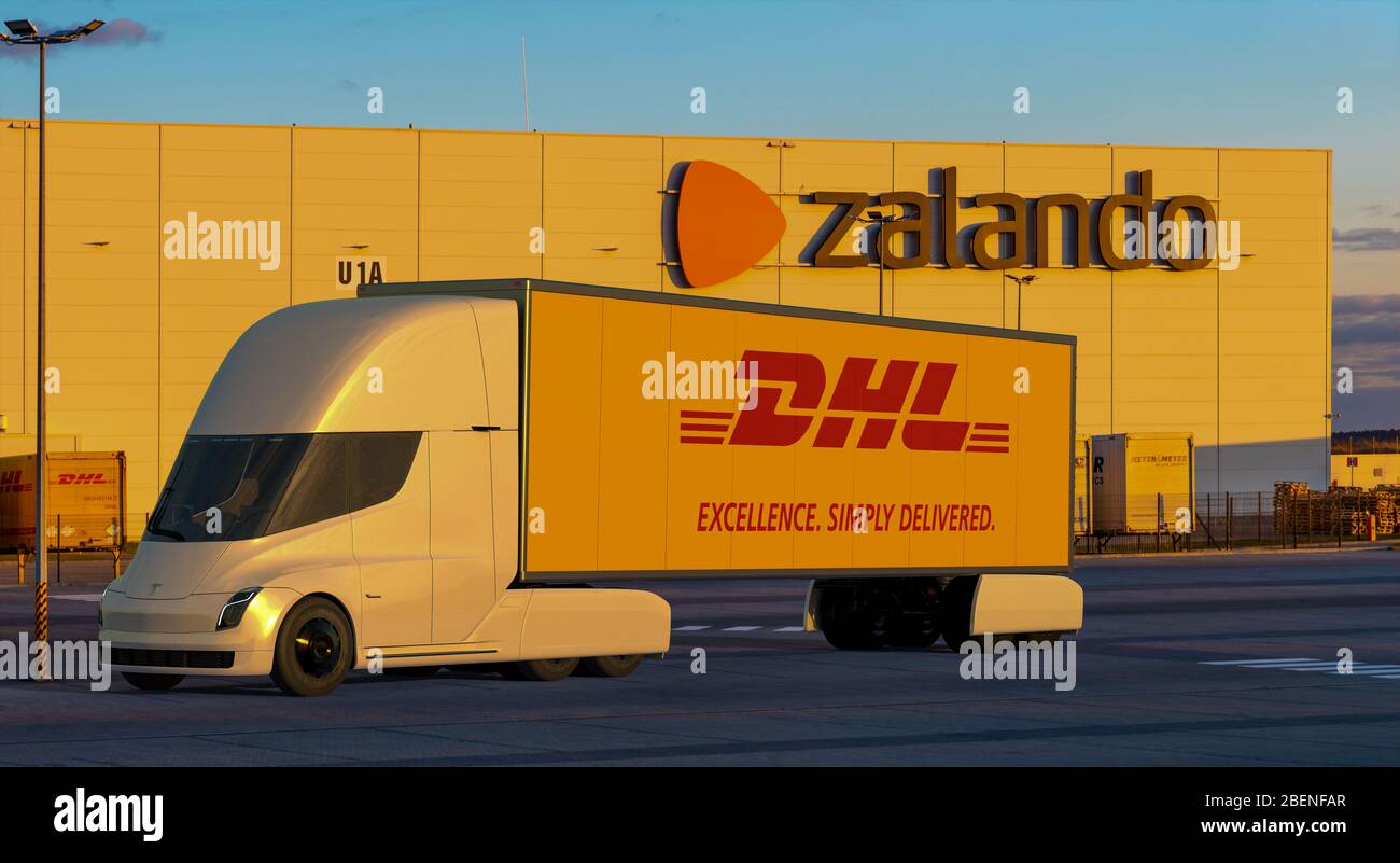 Electric Tesla Semi truck with semi-trailer with DHL logo under the ...