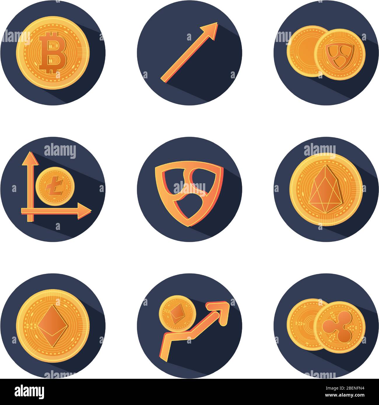 financial arrows and cryptocurrency icon set over white background ...