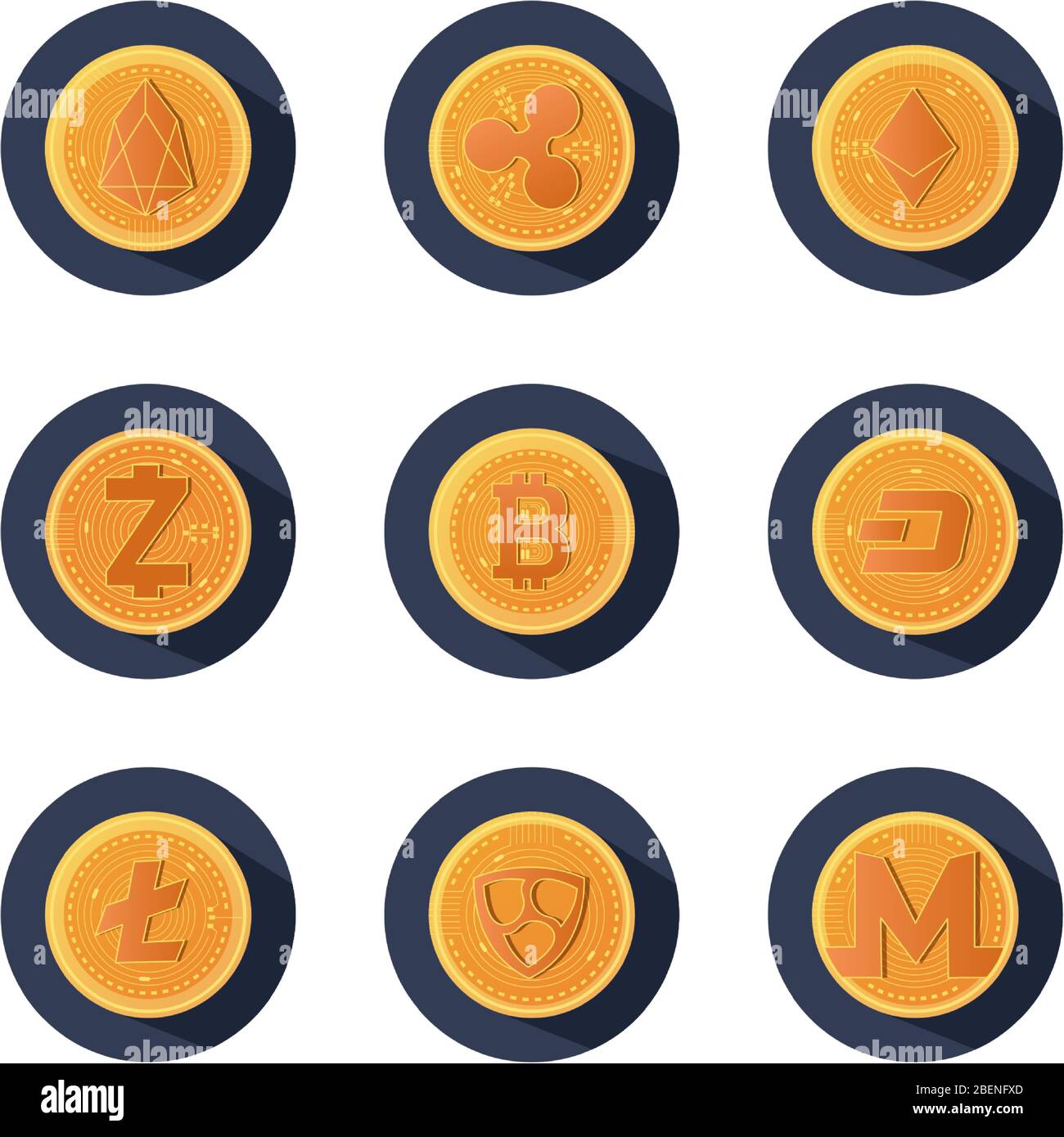 cryptocurrency coins icon set over white background, block detailed ...