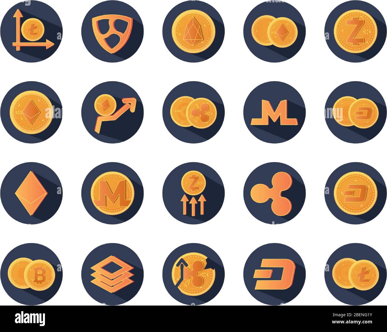 arrows and cryptocurrency symbols icon set over white background, block ...