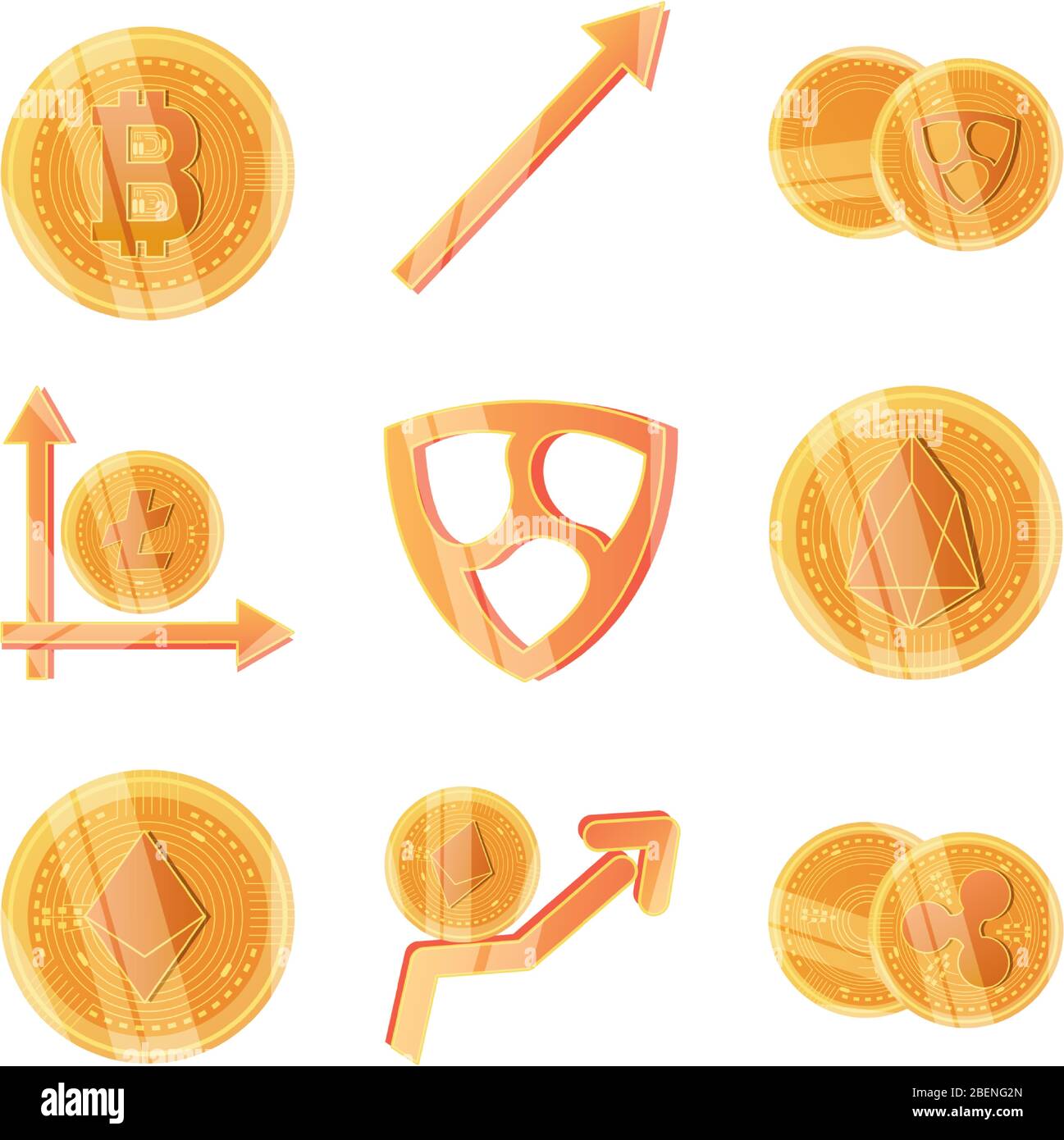 financial arrows and cryptocurrency icon set over white background ...