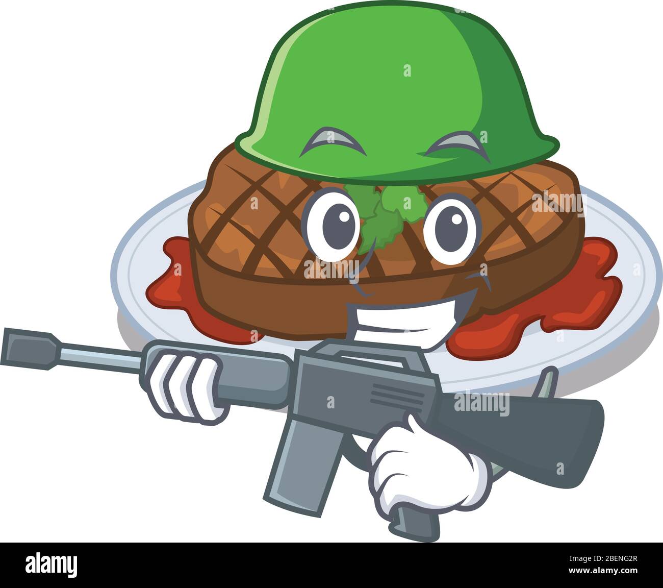 A cartoon picture of grilled steak in Army style with machine gun Stock ...