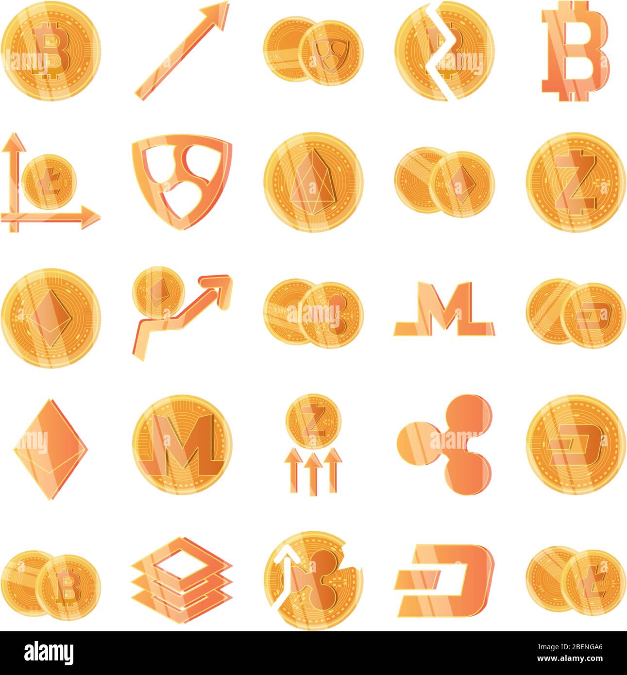 financial arrow and cryptocurrency icon set over white background ...