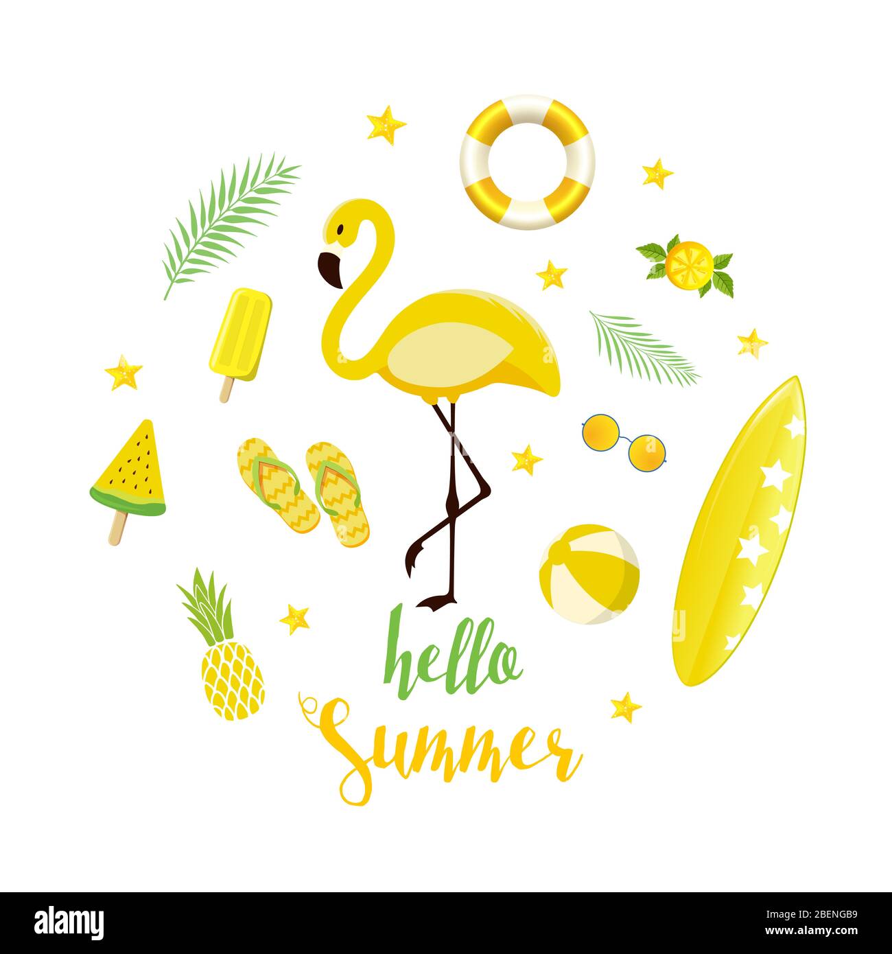 Summer yellow vector elements set. Background with flamingo, ice cream ...